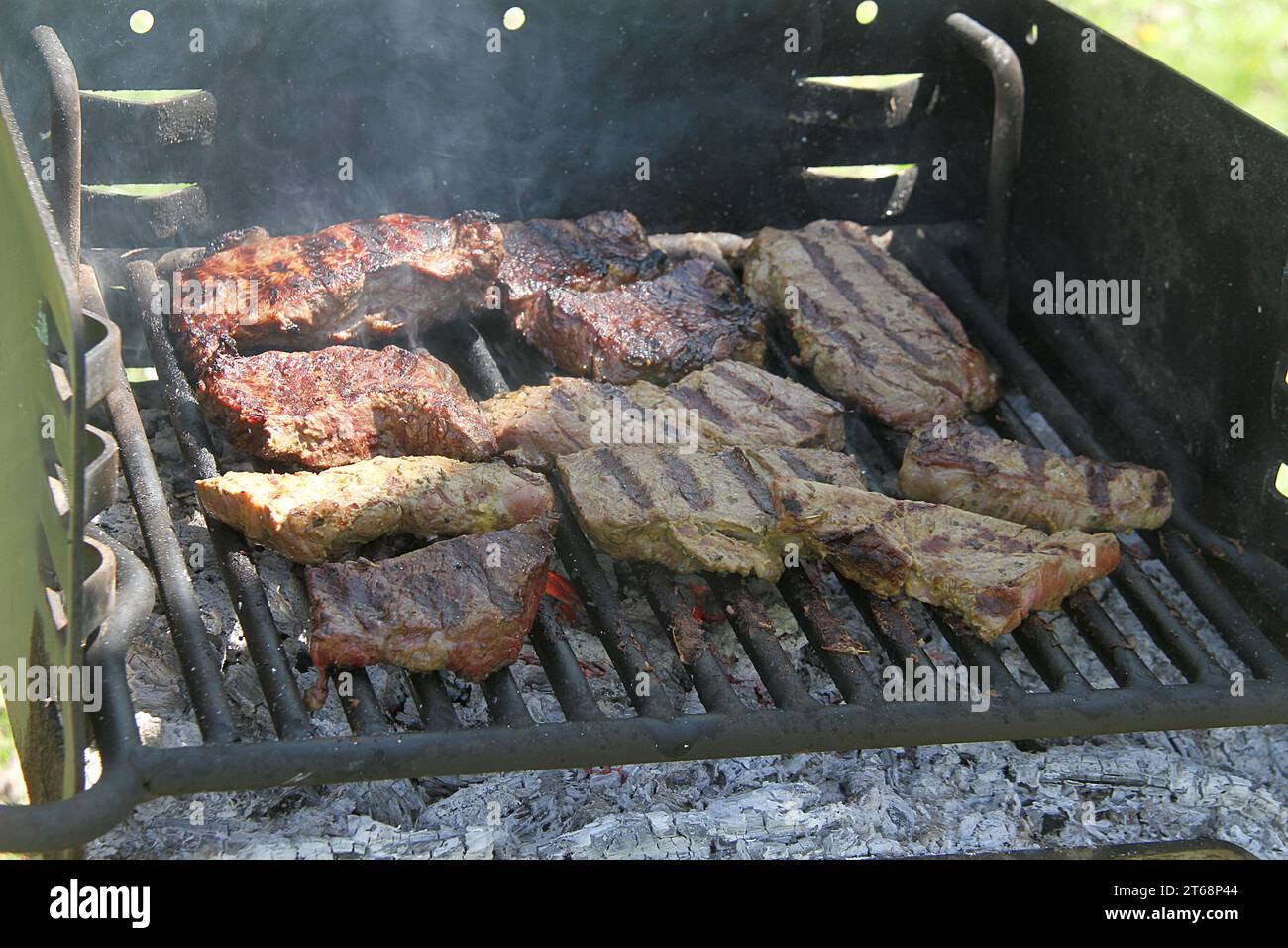 Grilling meat outdoors Stock Photo - Alamy
