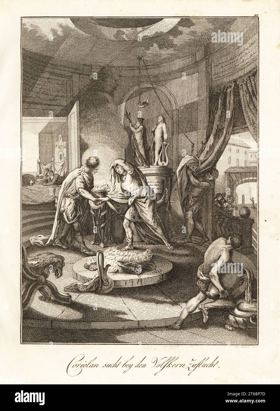 Roman general Gnaeus Marcius Coriolanus in disguise entering the house ...