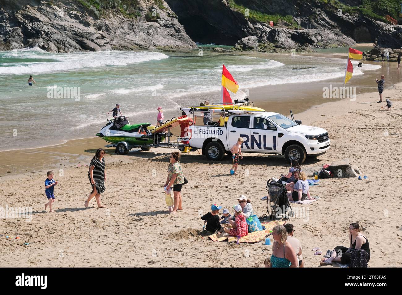 An RNLI emergency response vehicle on duty on Towan Beach in Newquay in ...