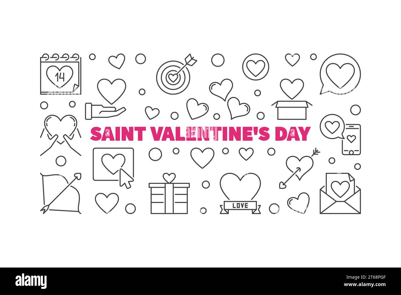 Vector Saint Valentines Day horizontal illustration in outline style on ...