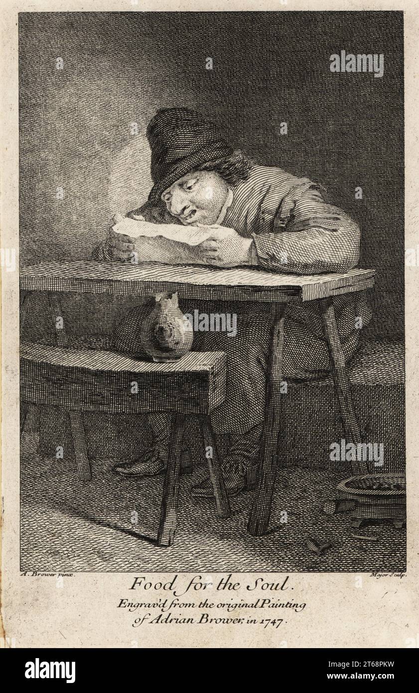 18th century Flemish peasant in cap reading a letter at a wooden table ...