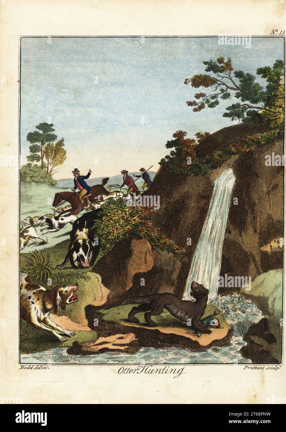Otter hunting, 18th century. Hunters with spears follow otterhounds to ...