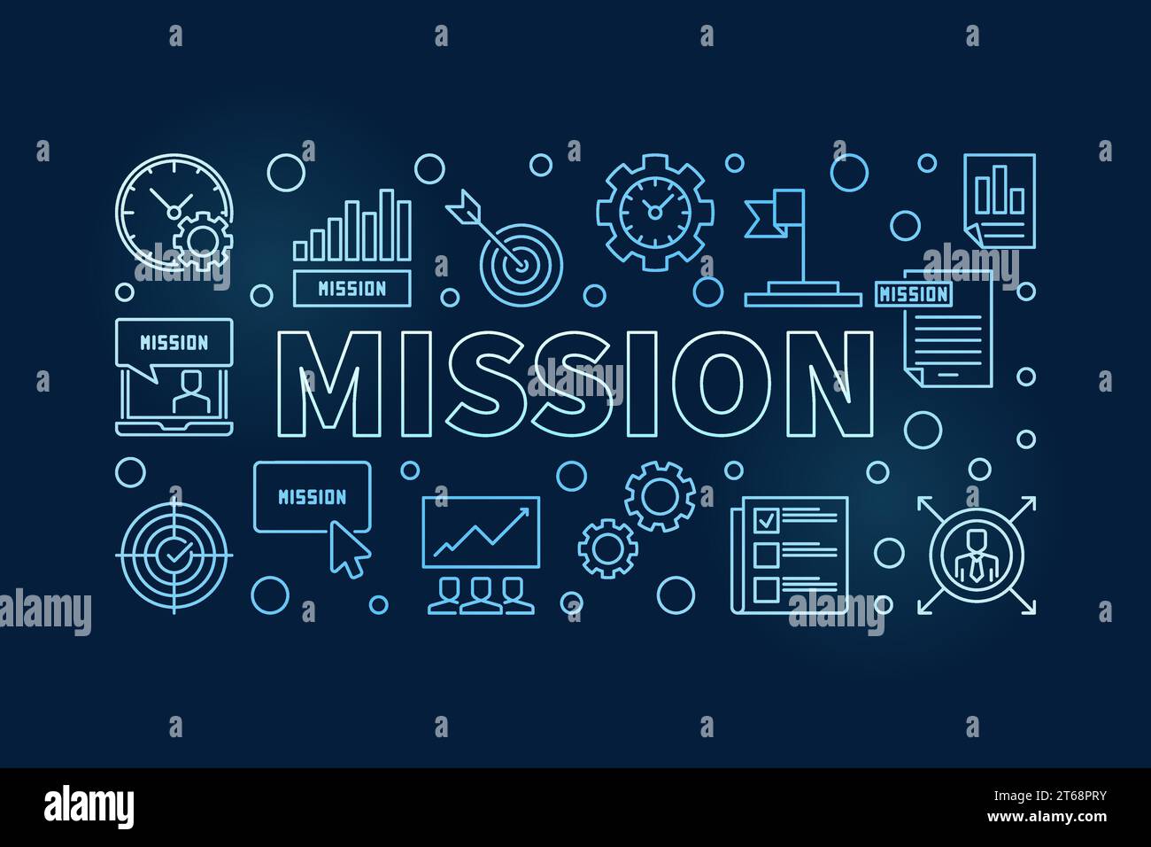 Mission vector blue outline illustration or banner on dark background ...