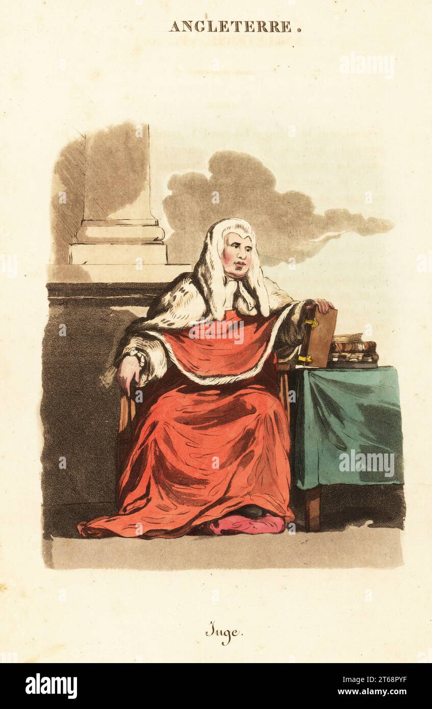 Judge in wig and robes worn on the bench, 1800s. With legal books, desk ...