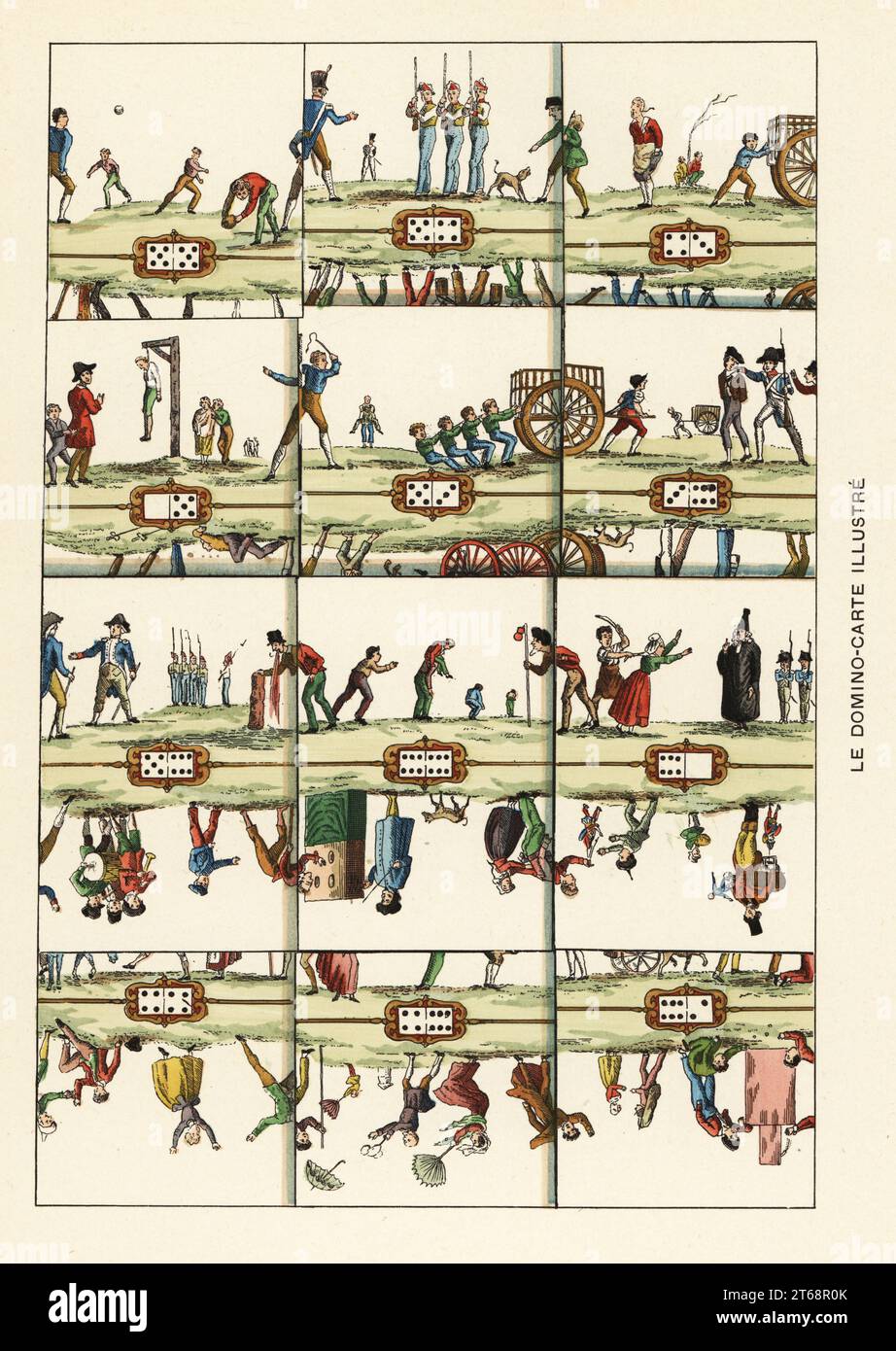 An illustrated set of domino cards. 19th century images of tumbrils ...