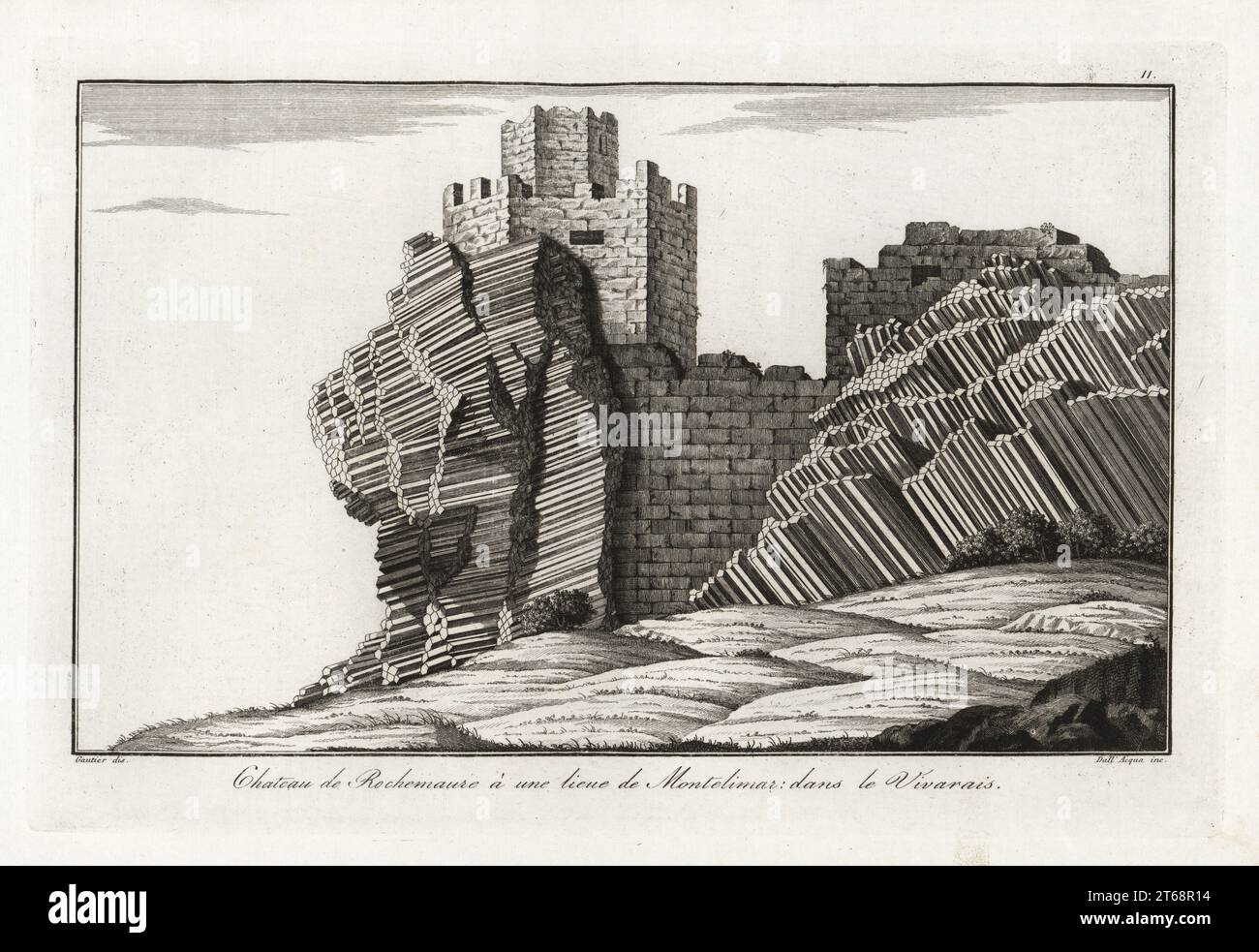 Ruins of the 11th-century Rochemaure castle on an outcrop of black ...