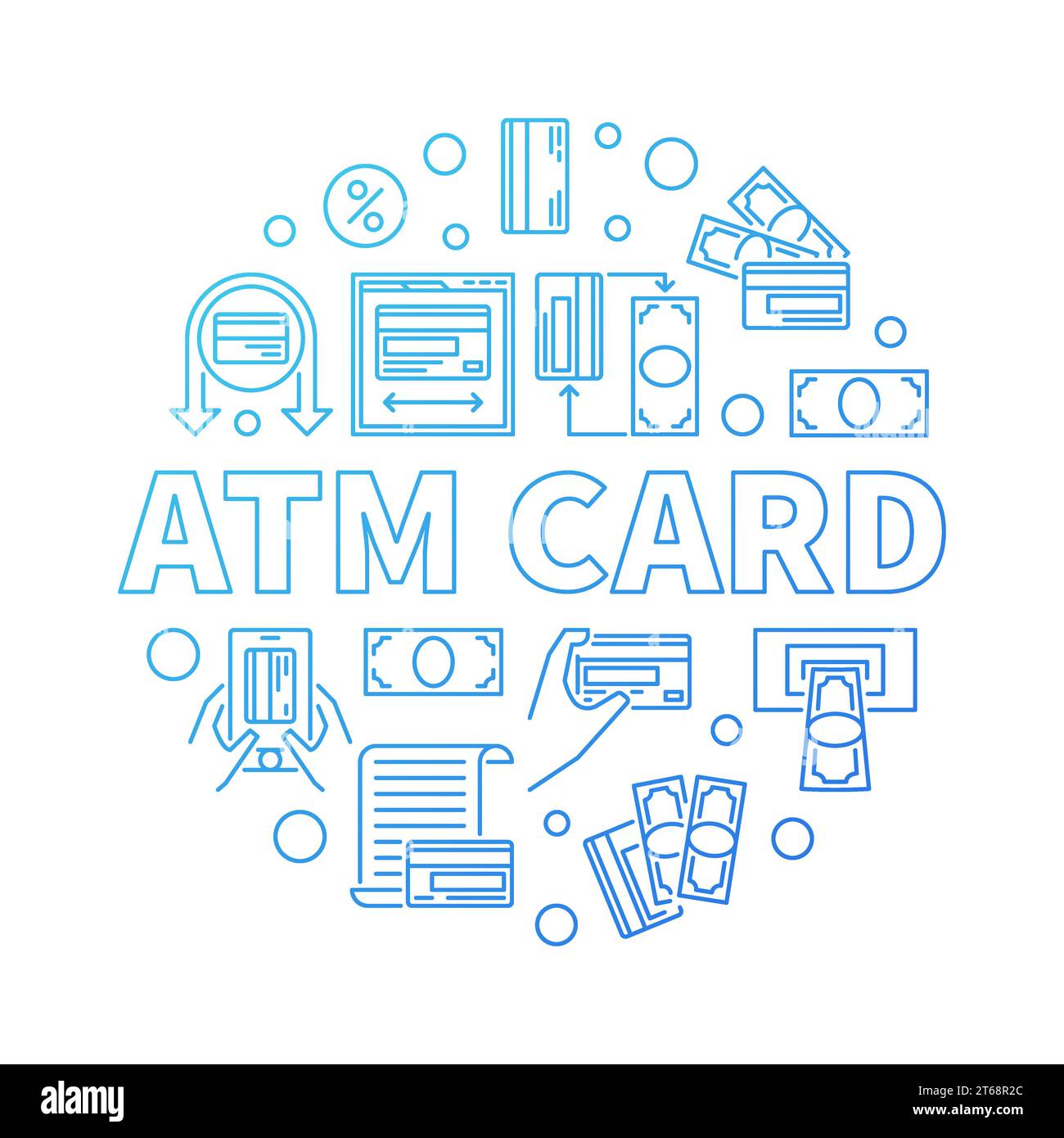 ATM Card vector concept round blue outline illustration on white ...