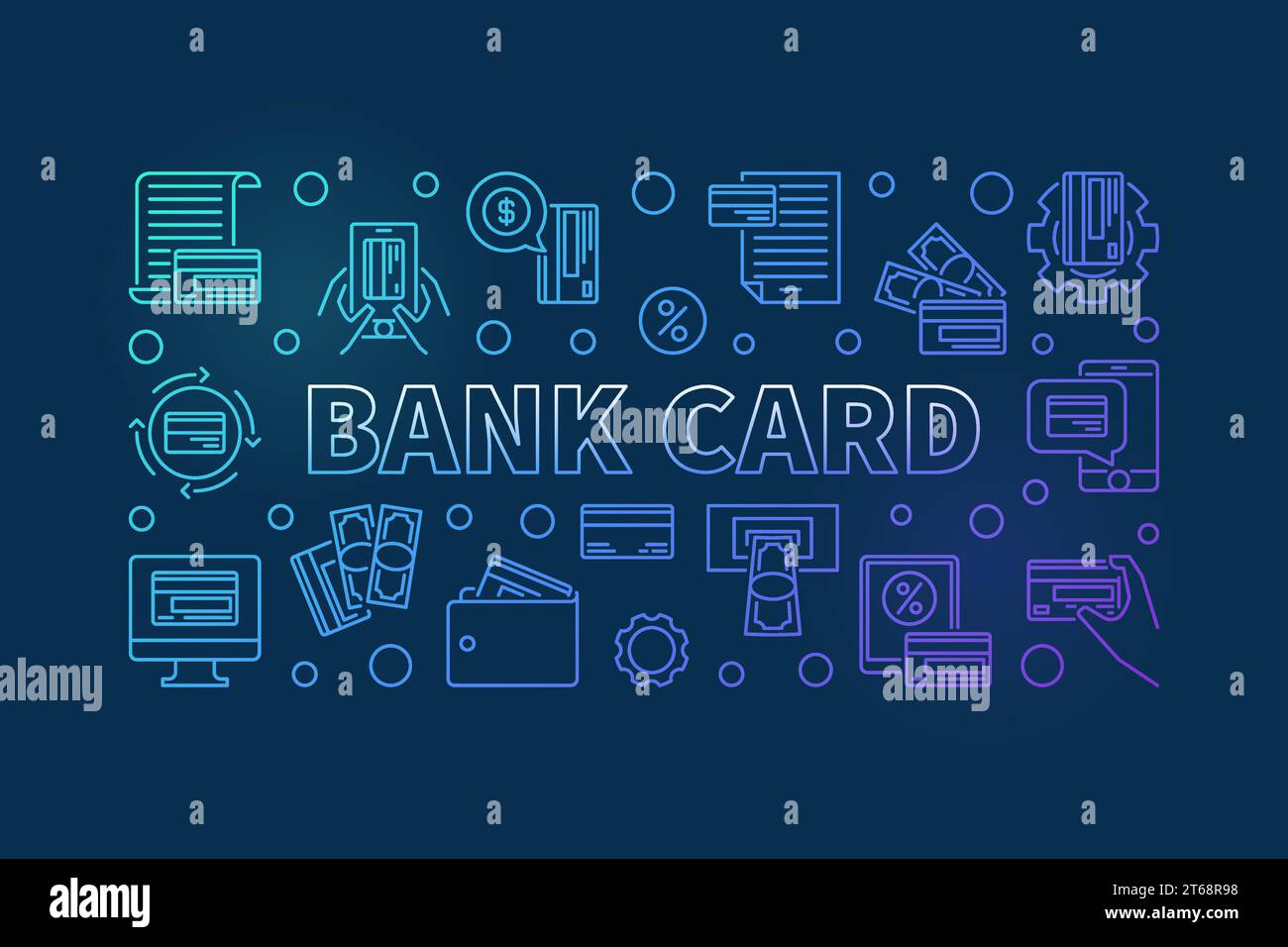 Bank Card blue horizontal banner in thin line style. Vector concept ...