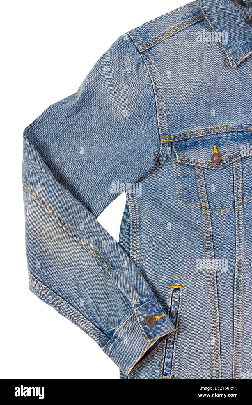Denim jacket close up on white background Stock Photo - Alamy