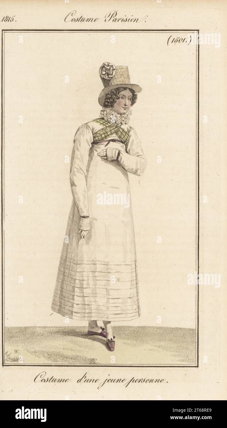 Young woman in a straw hat with cockade, lace ruff, check shawl crossed ...