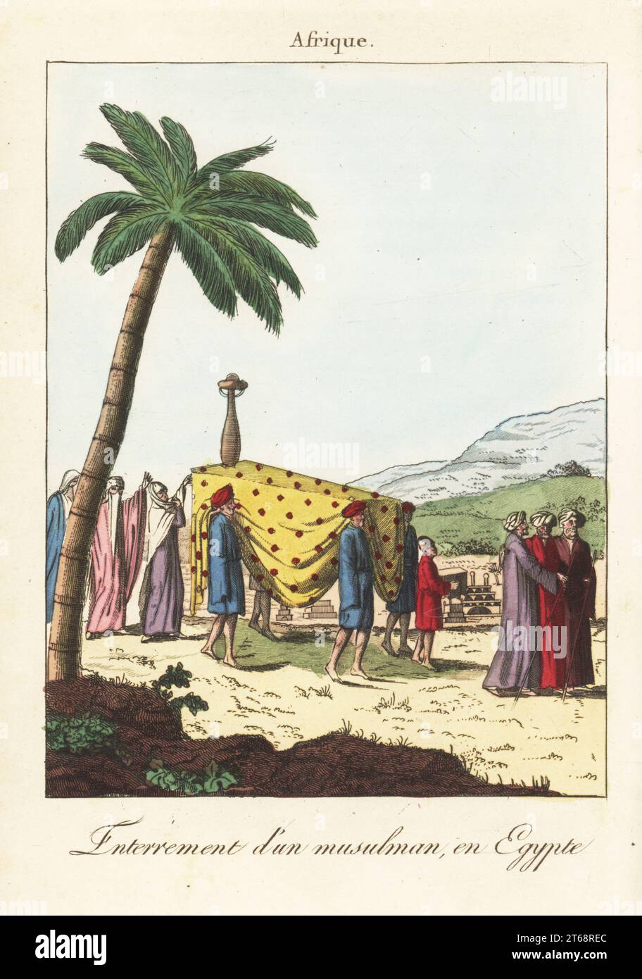 Muslim burial in Egypt, 18th century. A draped coffin with a turban on ...