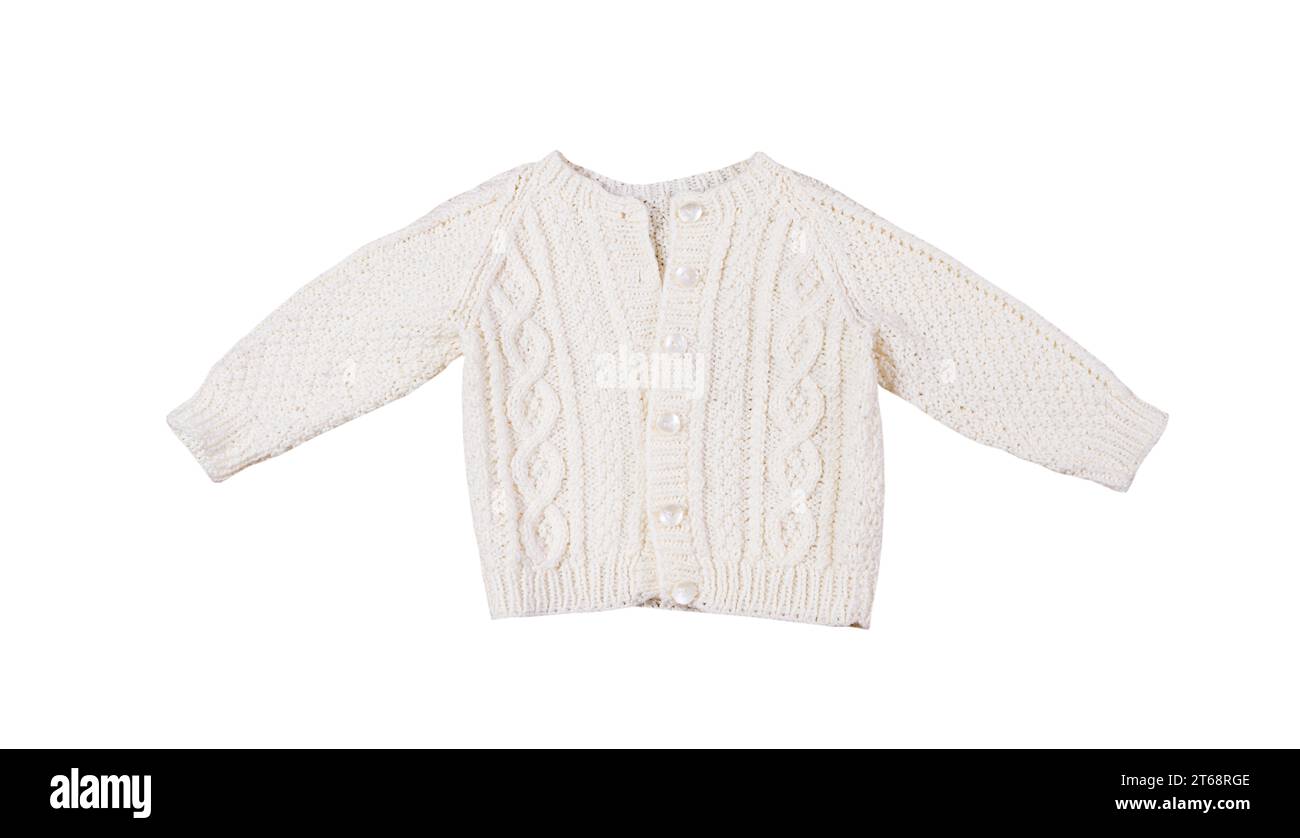 Baby wool cardigan isolated on white background, white wool handmade ...