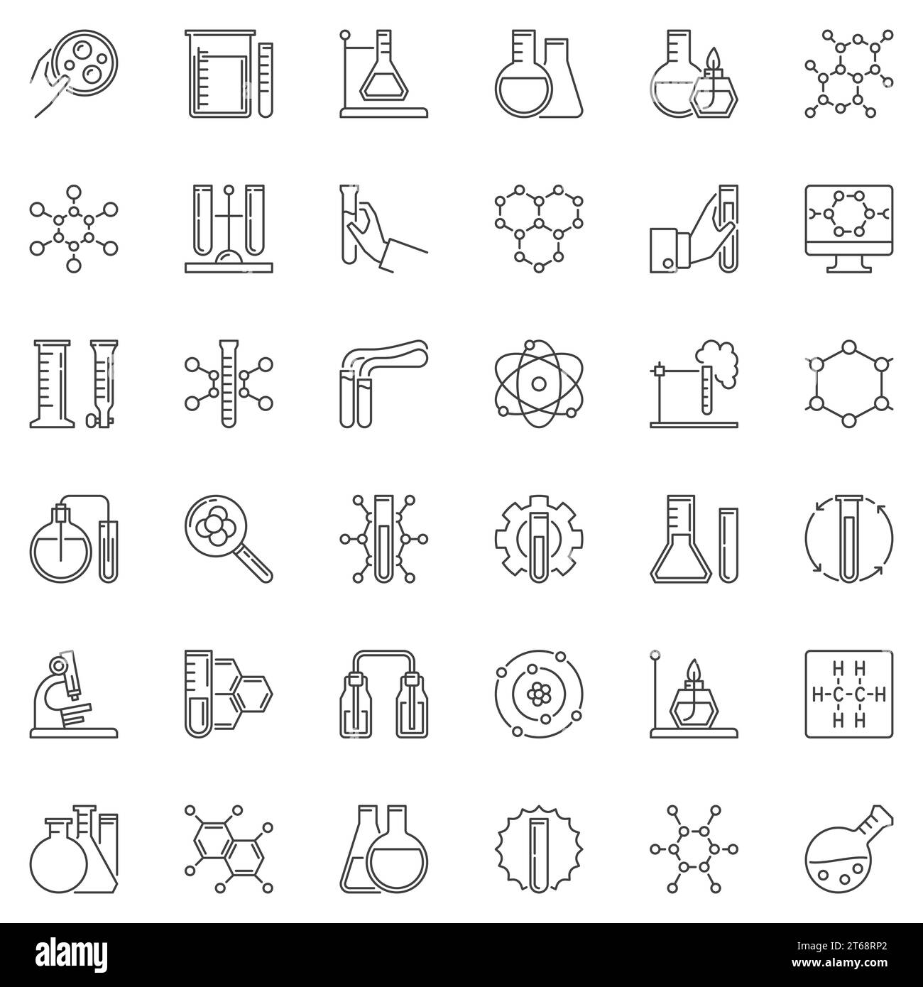 Chemistry linear icons set. Microscope, atom, flask, test-tube ...