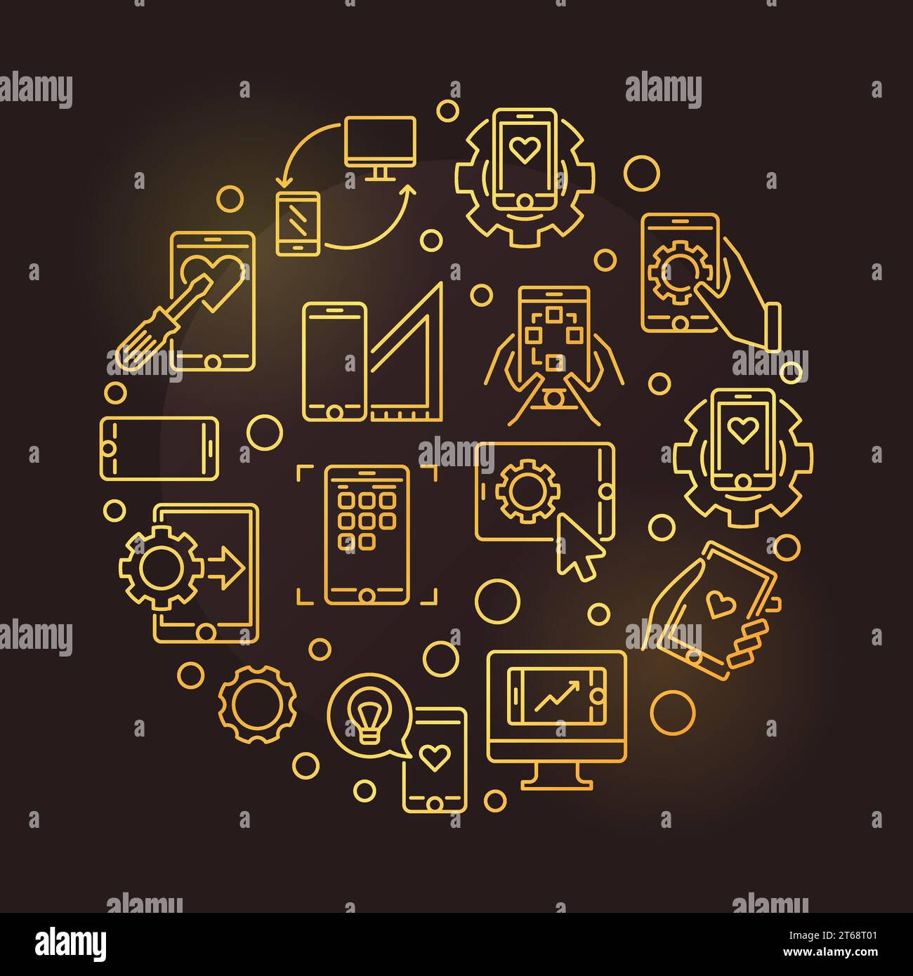 Mobile App Development vector round golden thin line concept ...