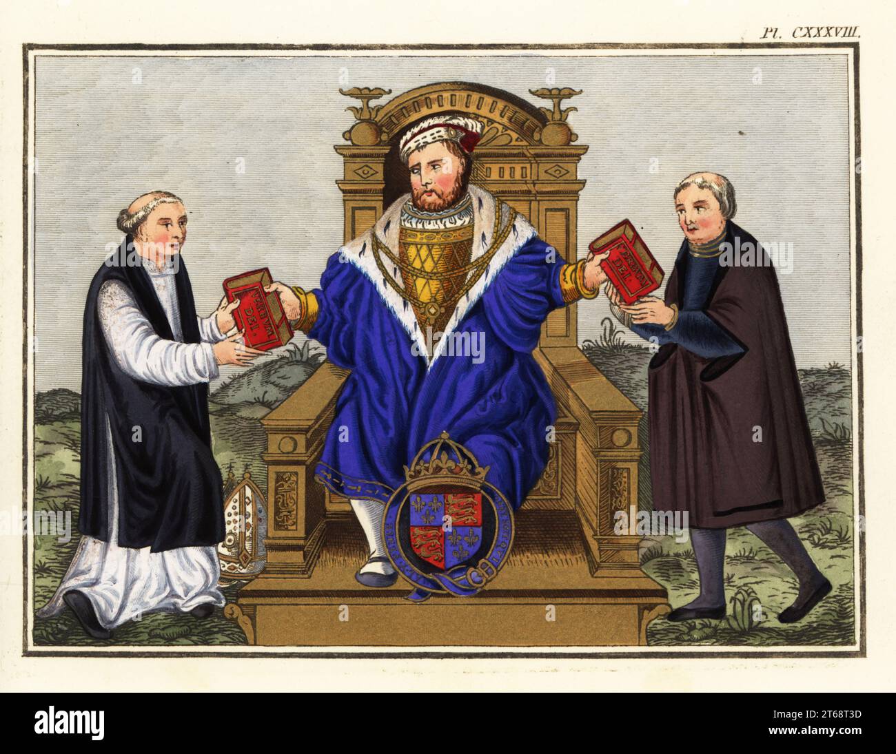 King Henry VIII of England on his throne giving bibles to Thomas ...