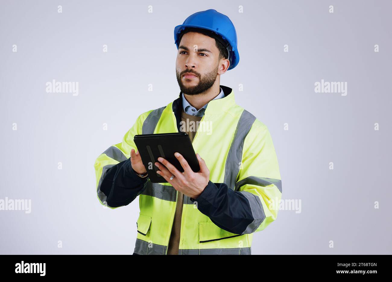 Engineering, man and tablet for inspection, thinking of renovation or ...