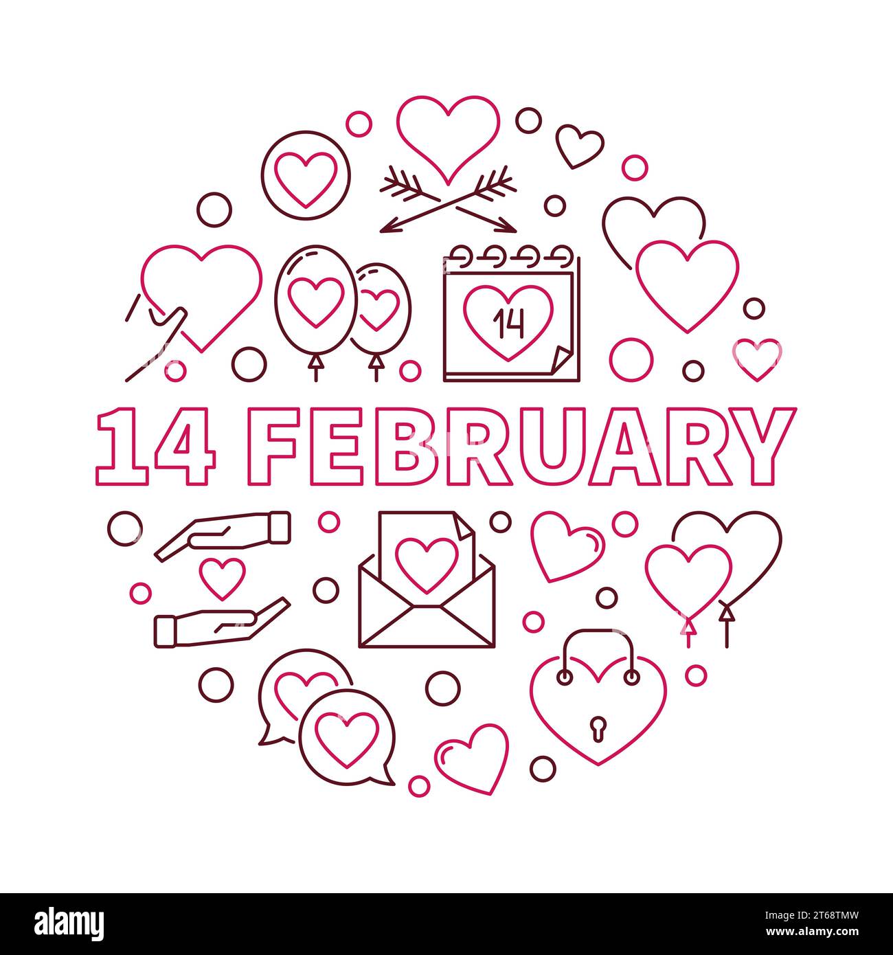 14 February outline illustration. Valentines Day vector round linear ...