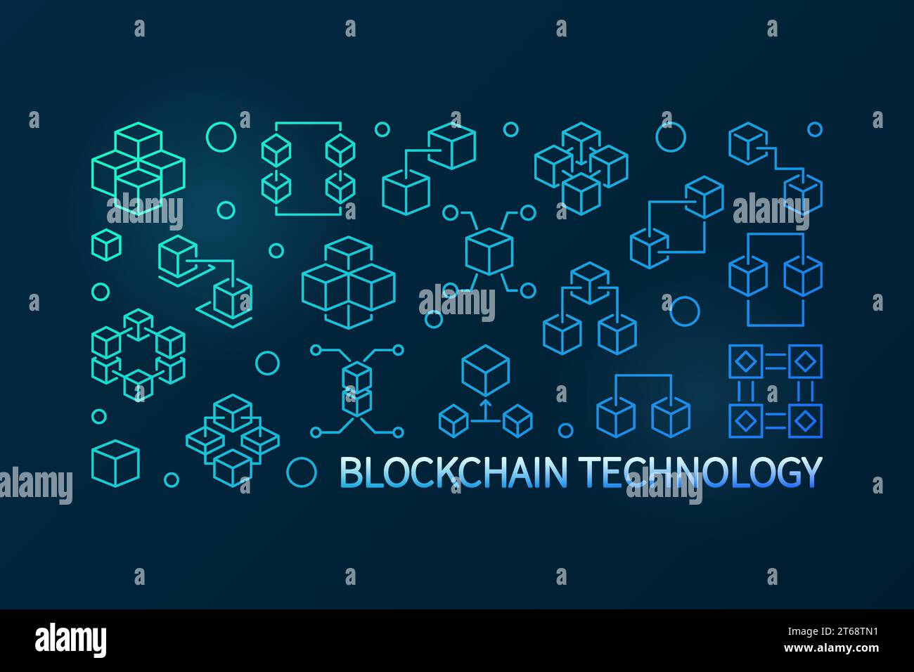 Blockchain technology vector blue outline horizontal illustration or ...