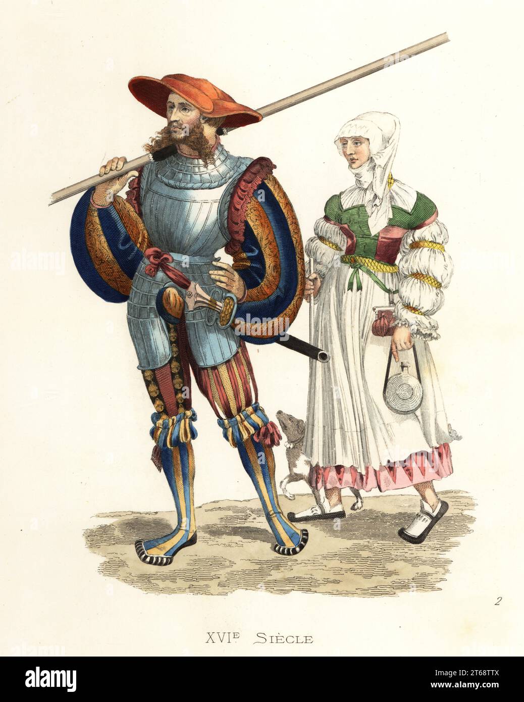 German Landsknechte pikeman and servant girl, 16th century. The soldier ...