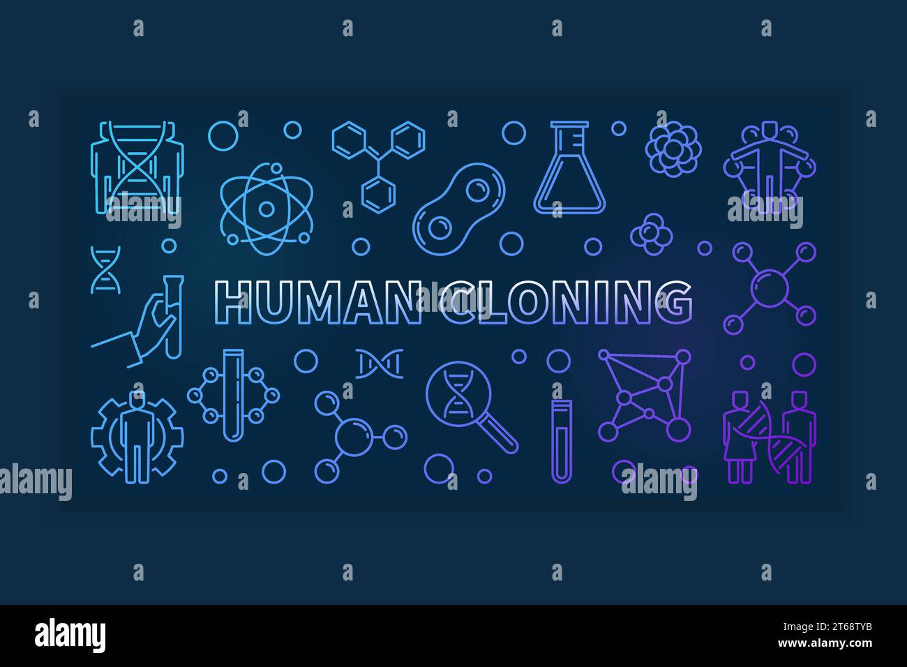Human cloning colorful thin line horizontal illustration on dark ...