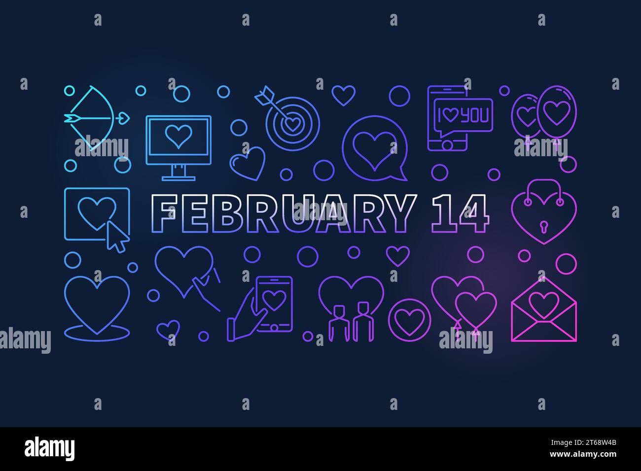 February 14 vector outline colored banner. Valentines Day modern linear ...