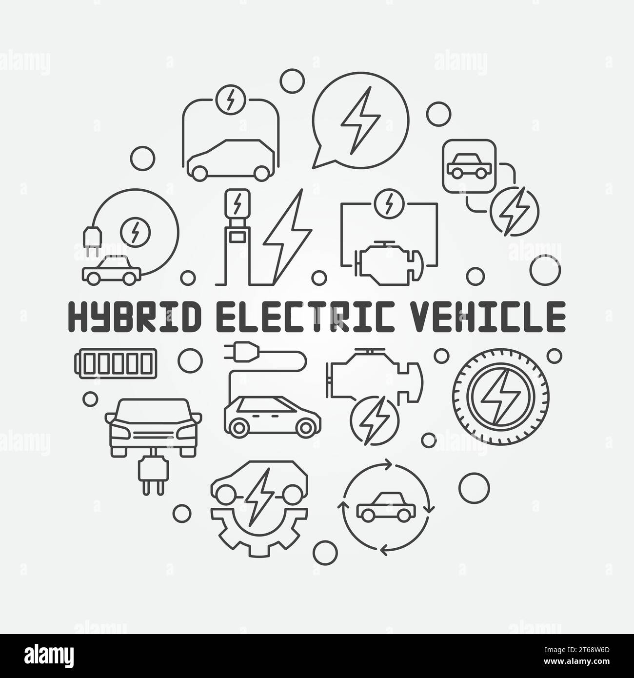 Hybrid Electric Vehicle round vector illustration in outline style ...