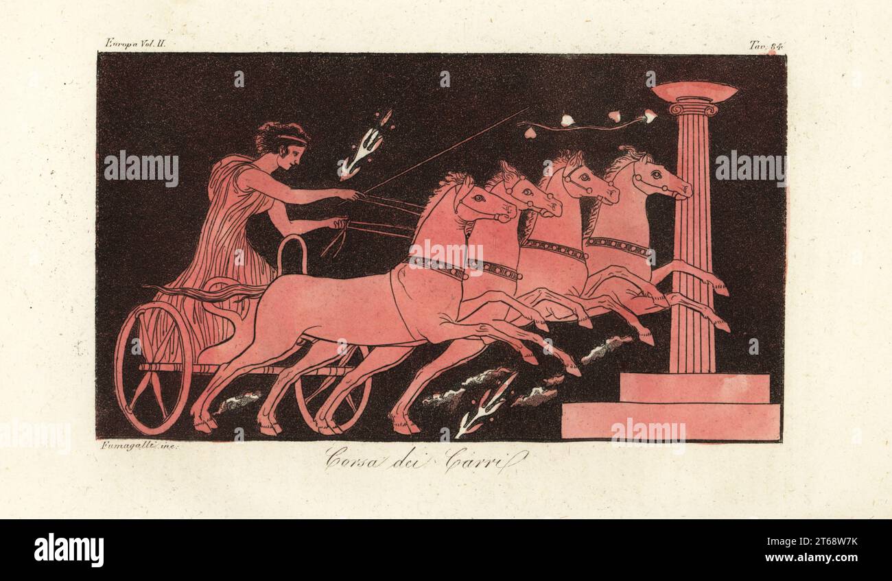 Greek chariot race. A man rides a four-horse chariot or quadriga in the ...