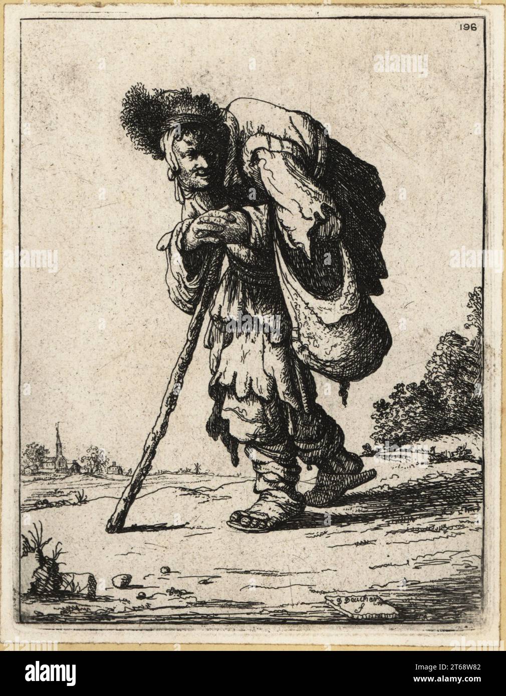 17th century Dutch disabled beggar in rags, with staff and bag ...
