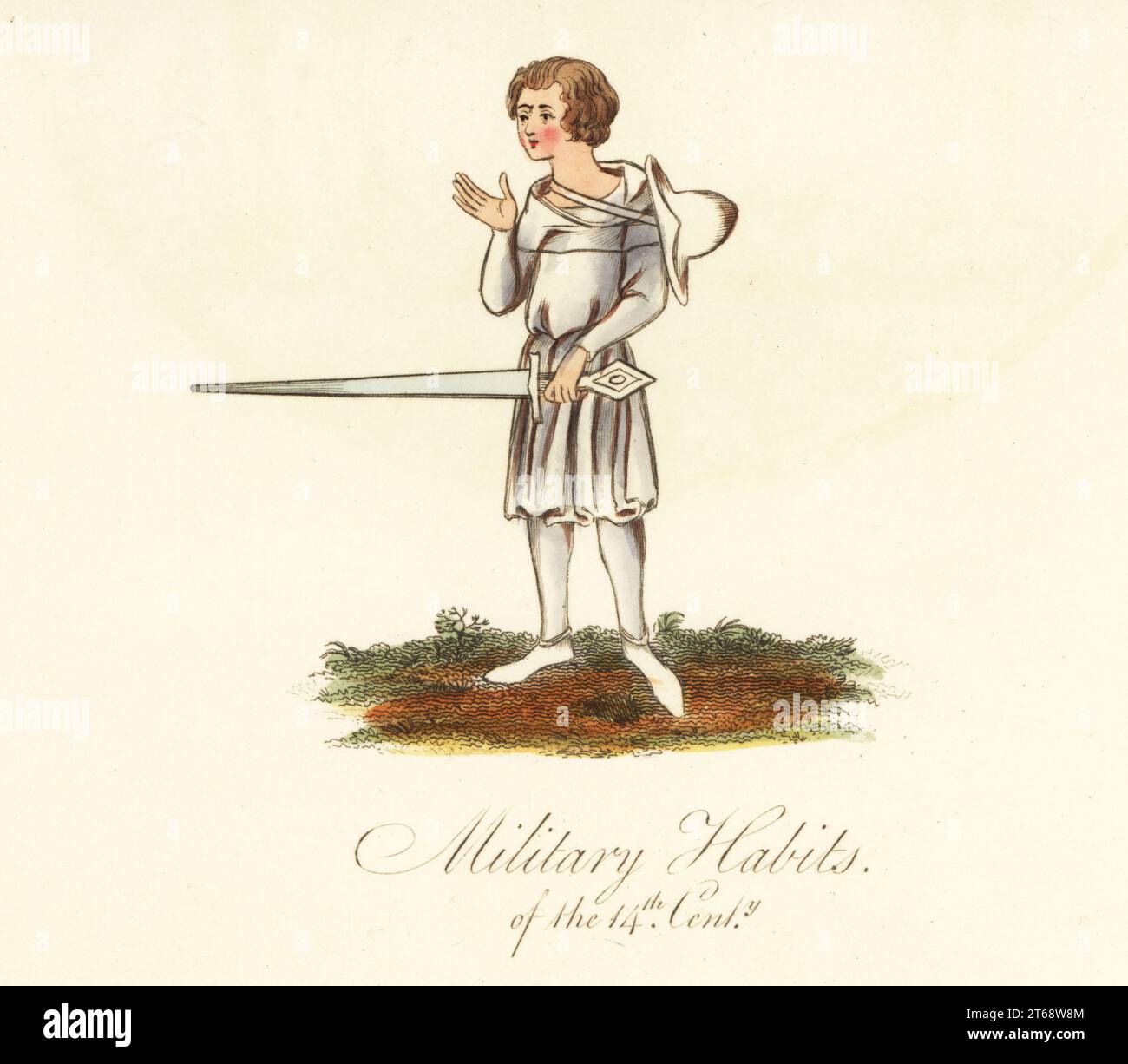 Young man in tunic and hose with sword, 14th century. Military habits ...