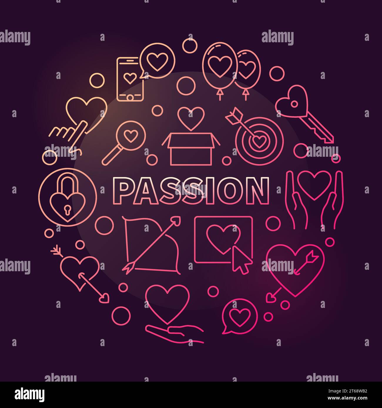Passion vector round colored illustration made with outline love icons ...