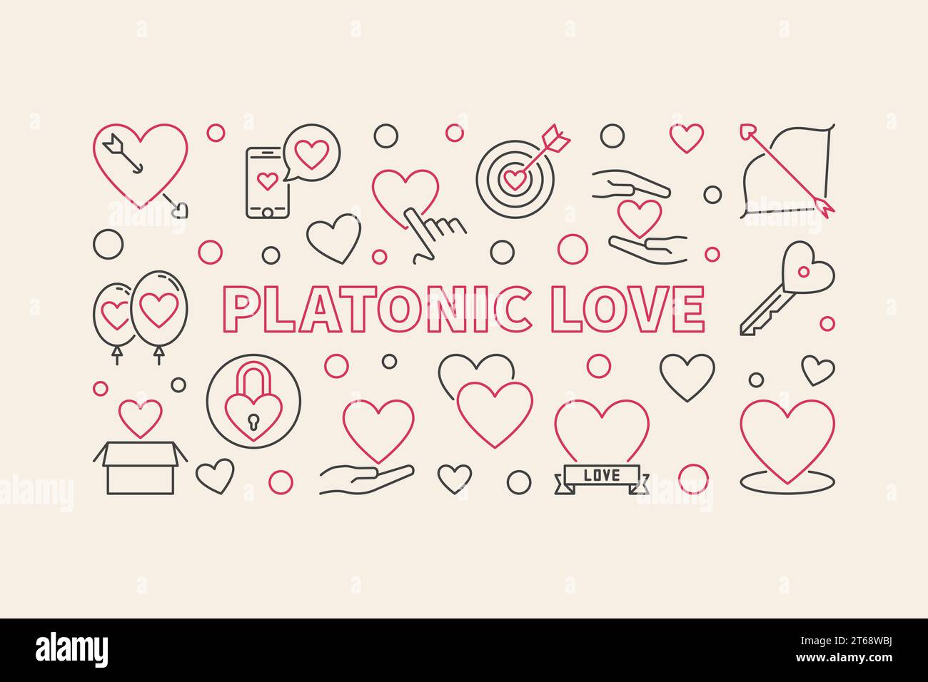Platonic Love vector concept horizontal illustration in thin line style ...