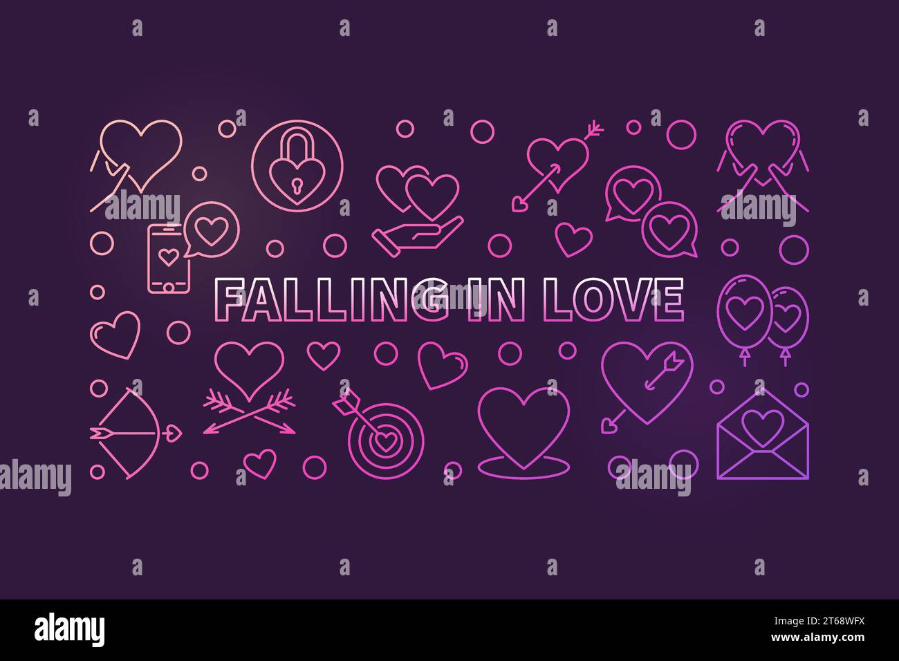 Falling in Love vector modern colored outline illustration on dark ...