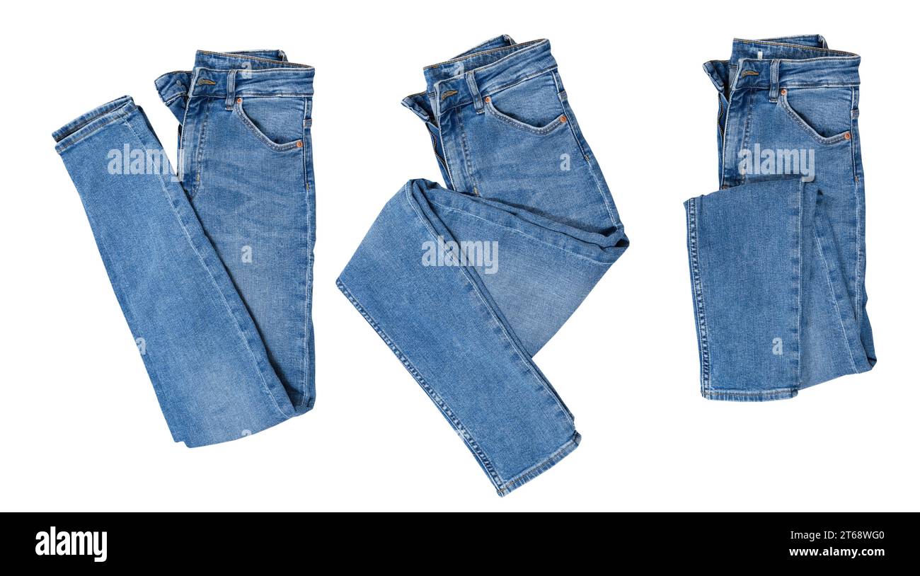 Denim set isolated, folded blue jeans pants collage over white Stock ...