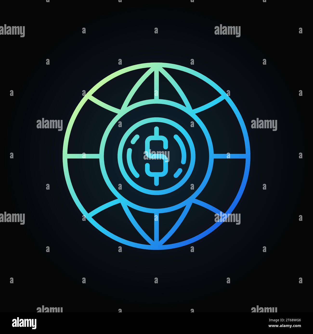 Earth globe with coin inside vector blue outline icon on dark ...