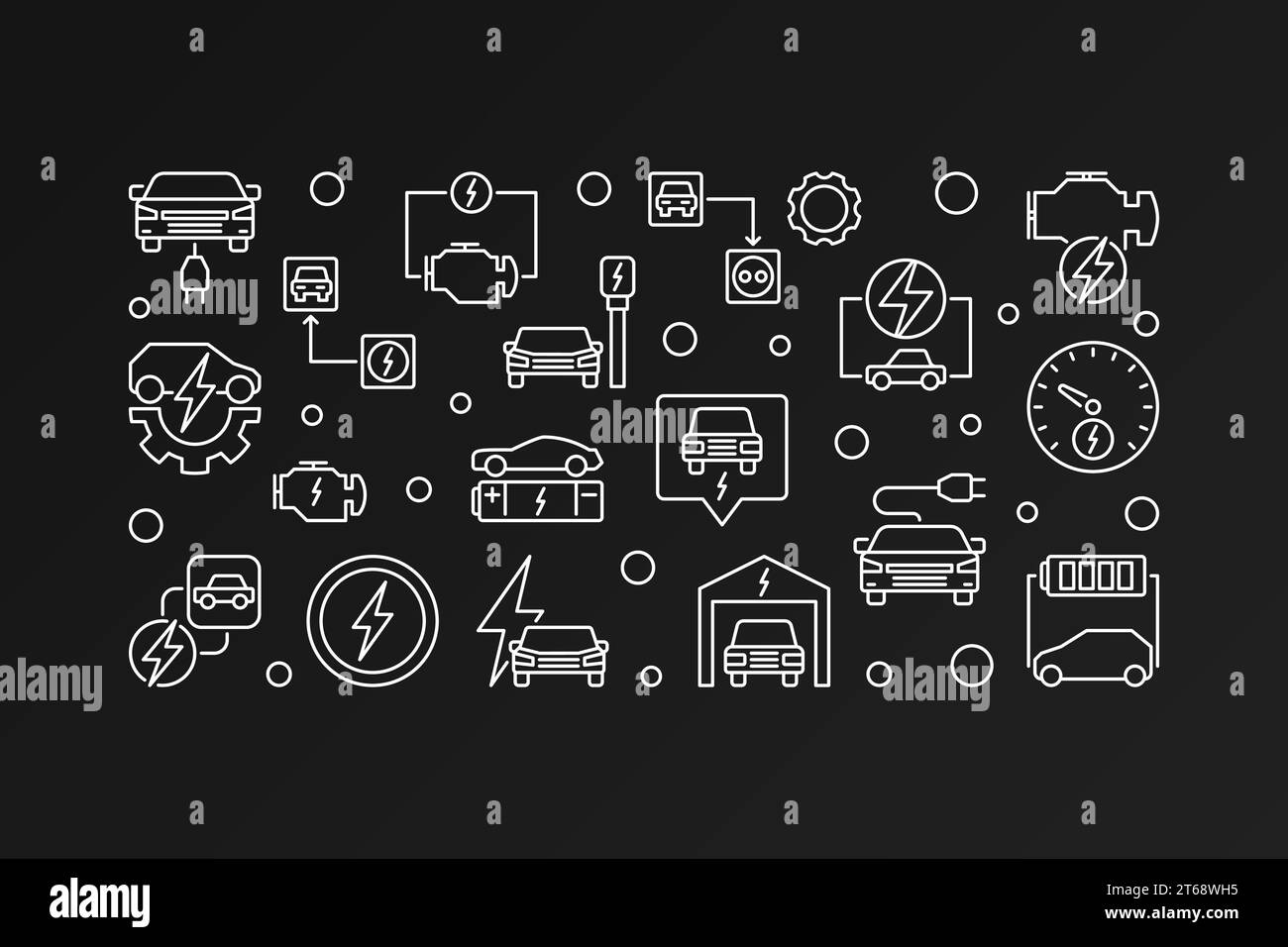 Plug-in electric vehicle vector outline horizontal illustration. EV ...