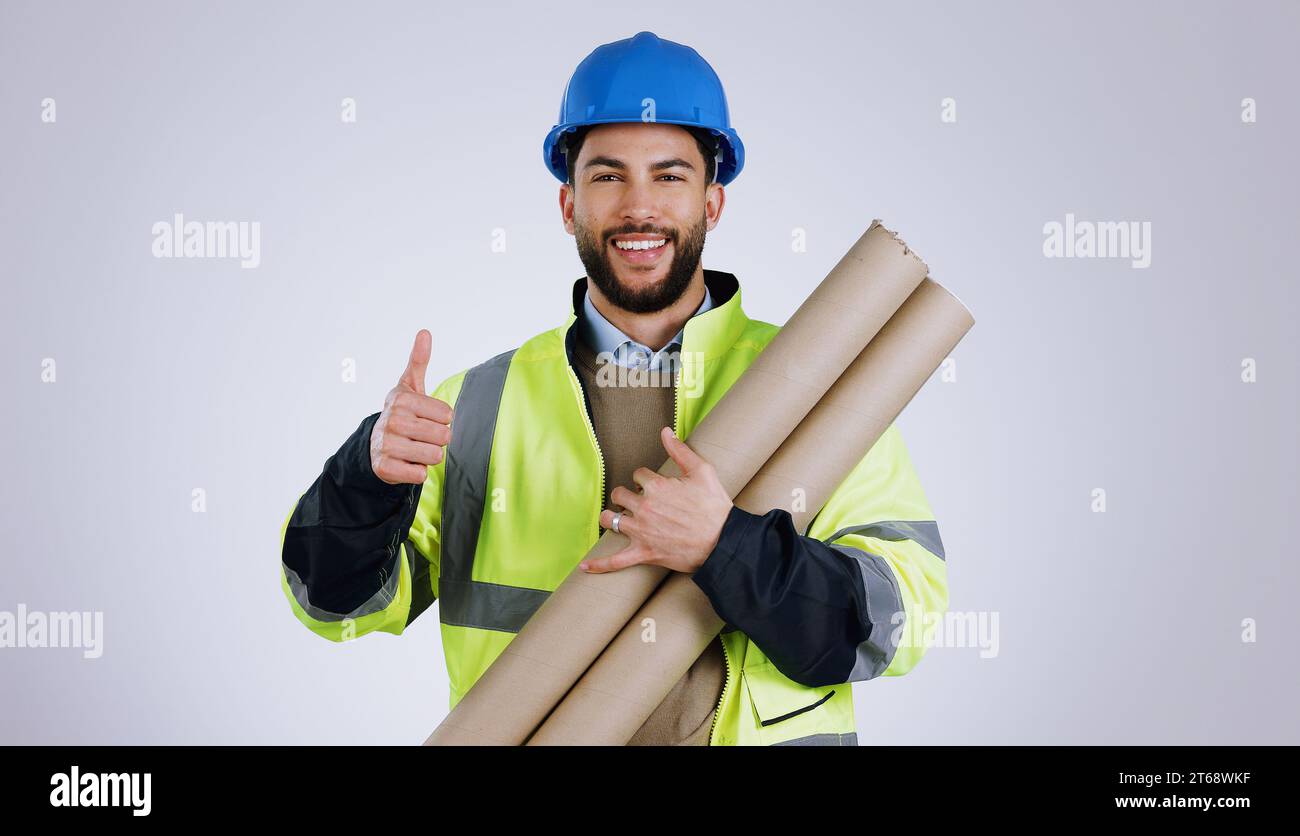 Engineering, man and thumbs up for architecture success, renovation and ...