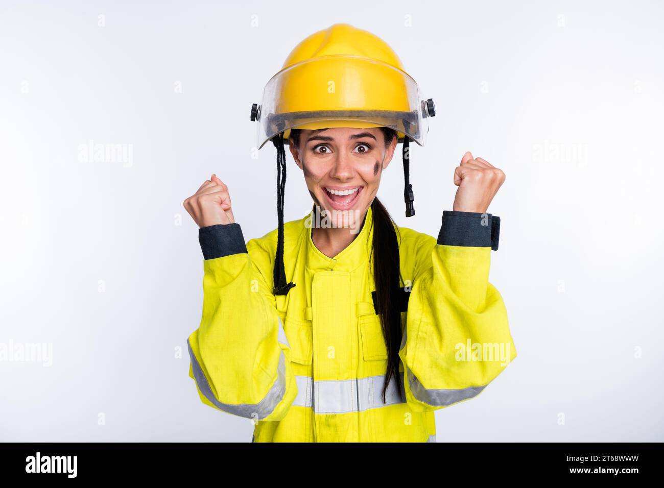 Photo of young attractive woman firefighter happy positive smile ...