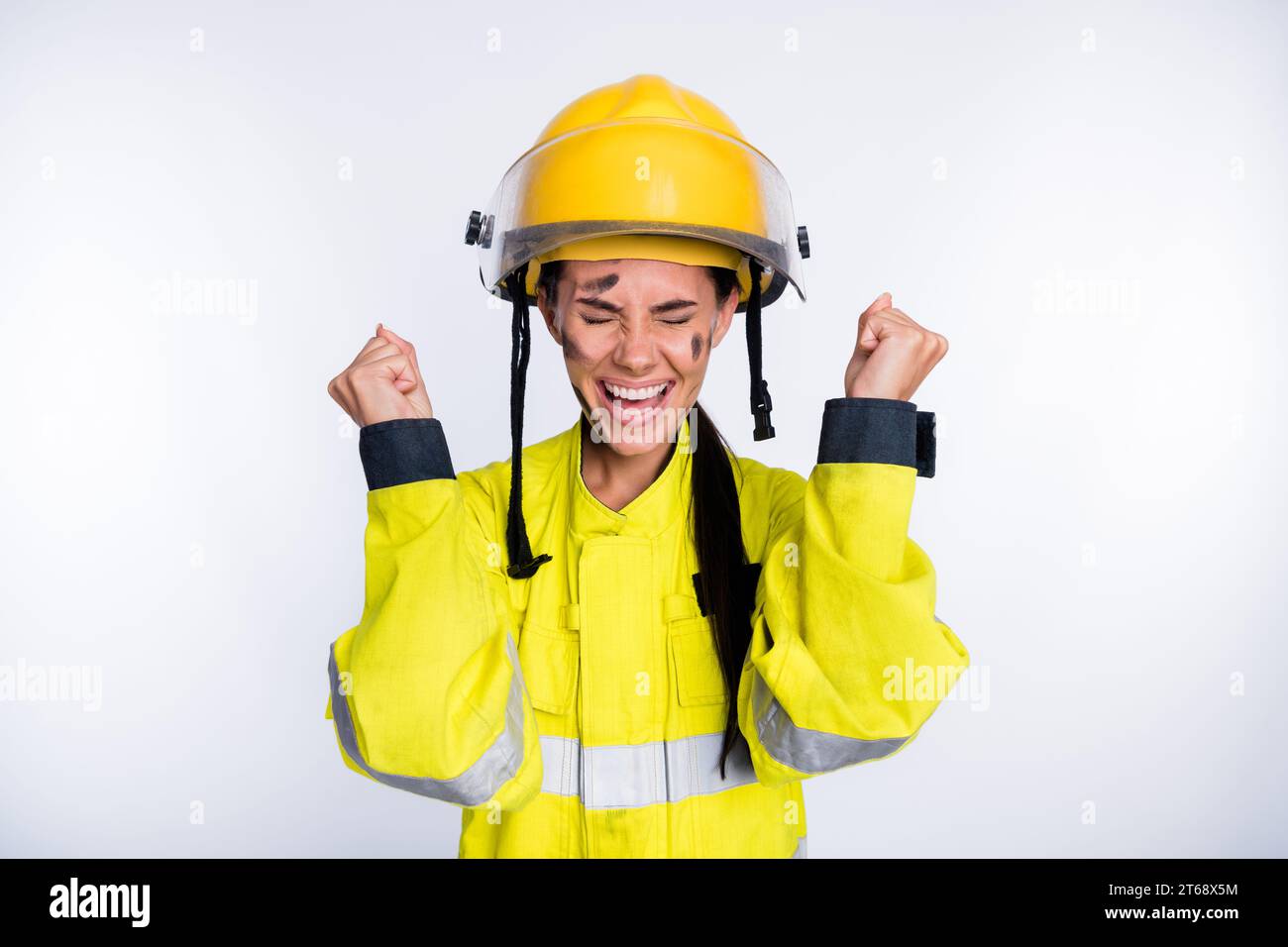 Photo of young attractive woman firefighter happy positive smile ...