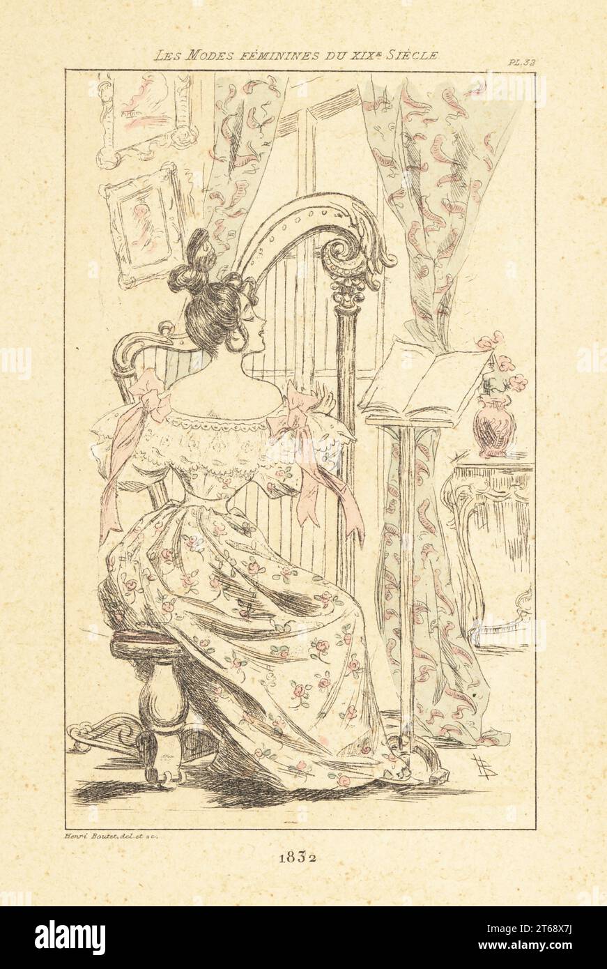 Fashionable woman playing a harp while reading a musical score on a ...