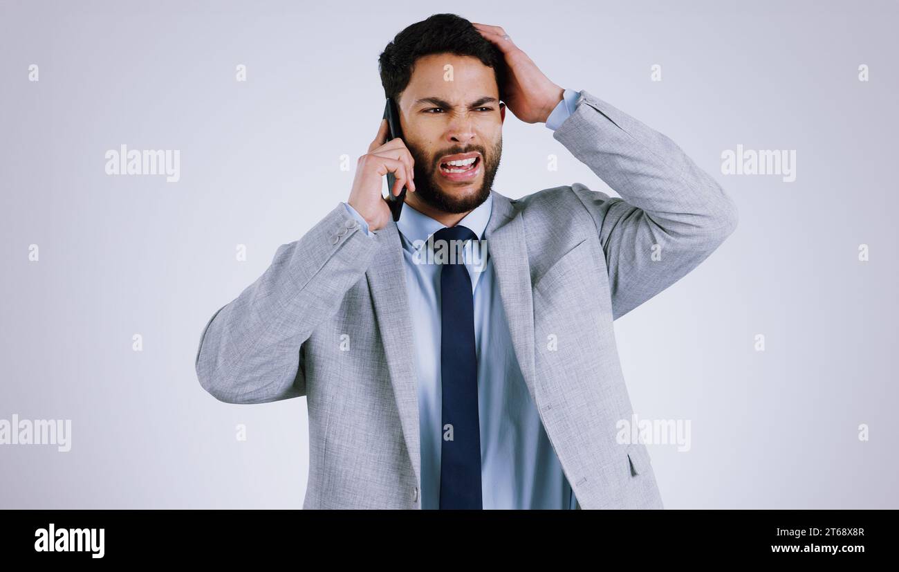 Businessman, smartphone and phone call with stress, frustrated and ...
