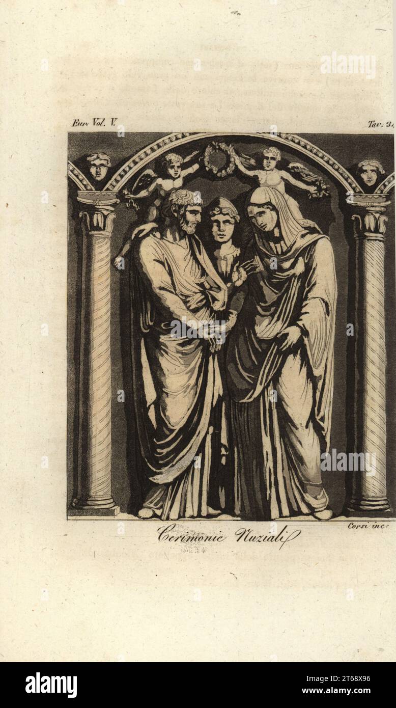 Roman wedding ceremony. Bride and groom hold hands embraced by the ...