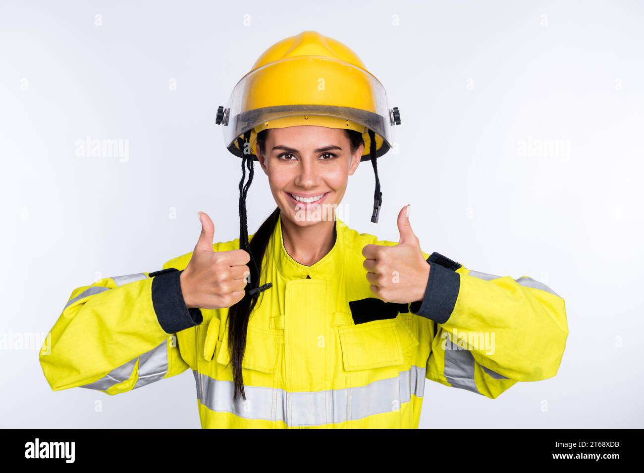 Photo of young attractive woman firefighter happy positive smile show ...