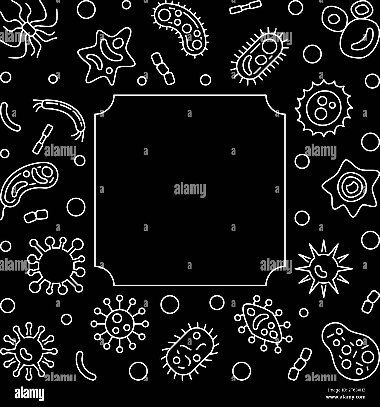 Square frame with microorganism outline icons. Vector virology and ...