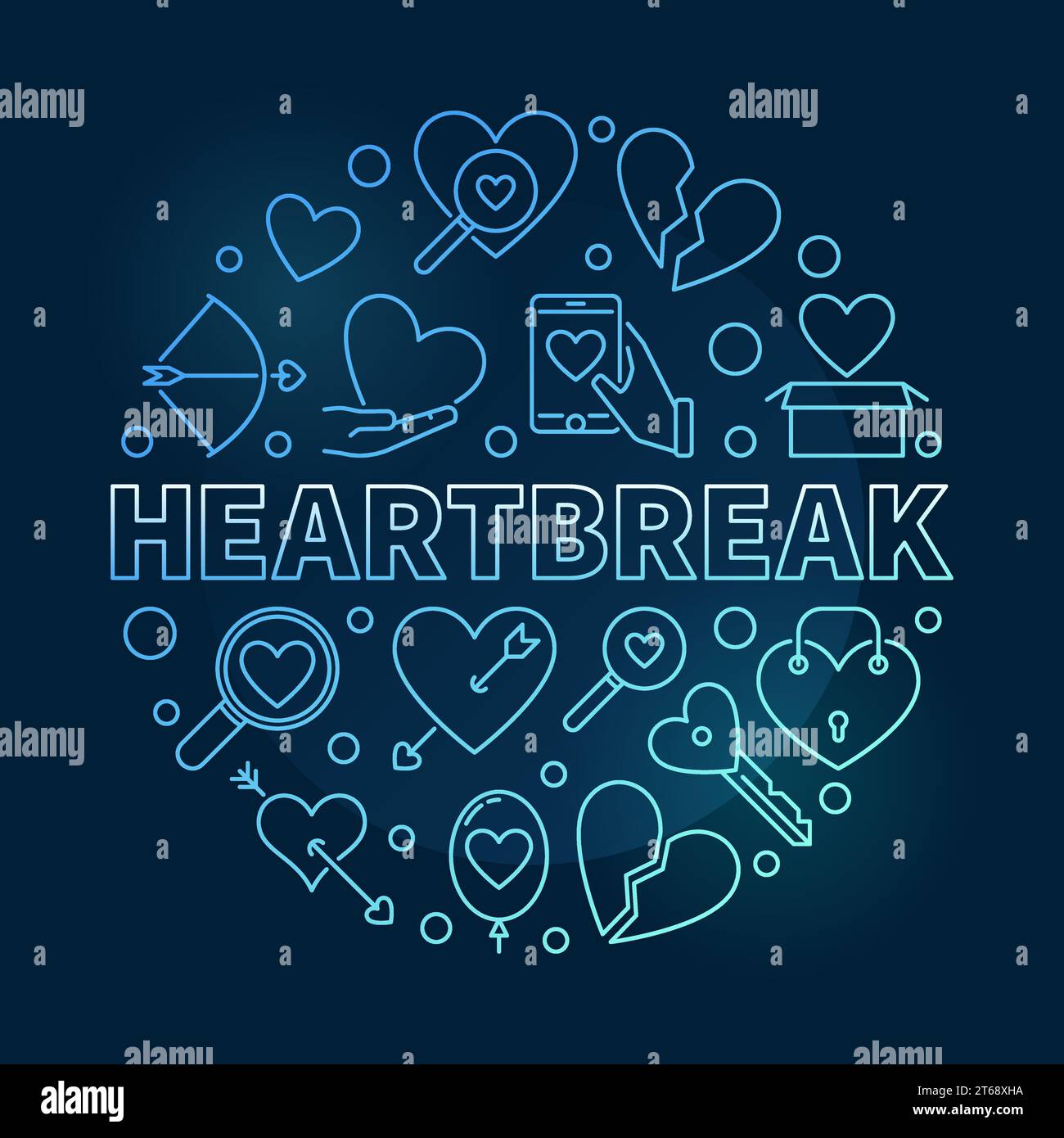 Heartbreak vector round blue outline illustration on dark background ...
