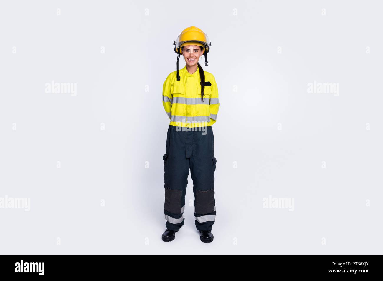 Full size photo of young attractive woman firefighter happy positive ...
