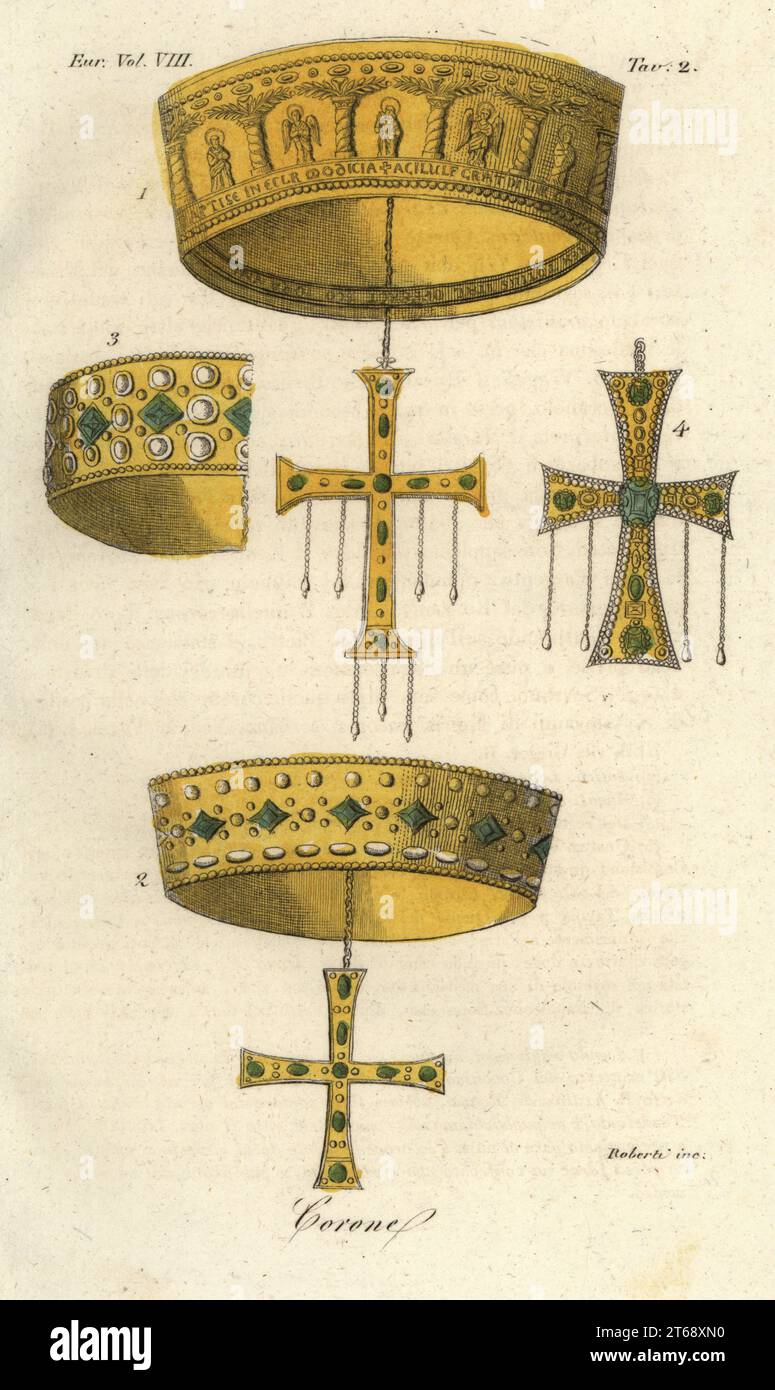 Medieval gold crowns and jeweled crosses from Monza Cathedral. Corone o ...