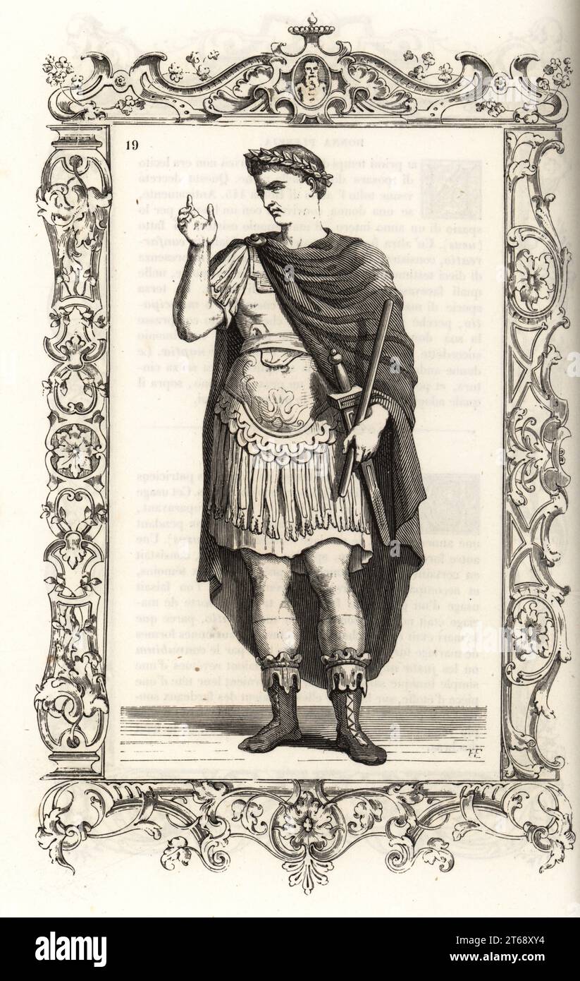 Costume of an emperor of ancient Rome. Caesar wears a laurel crown ...