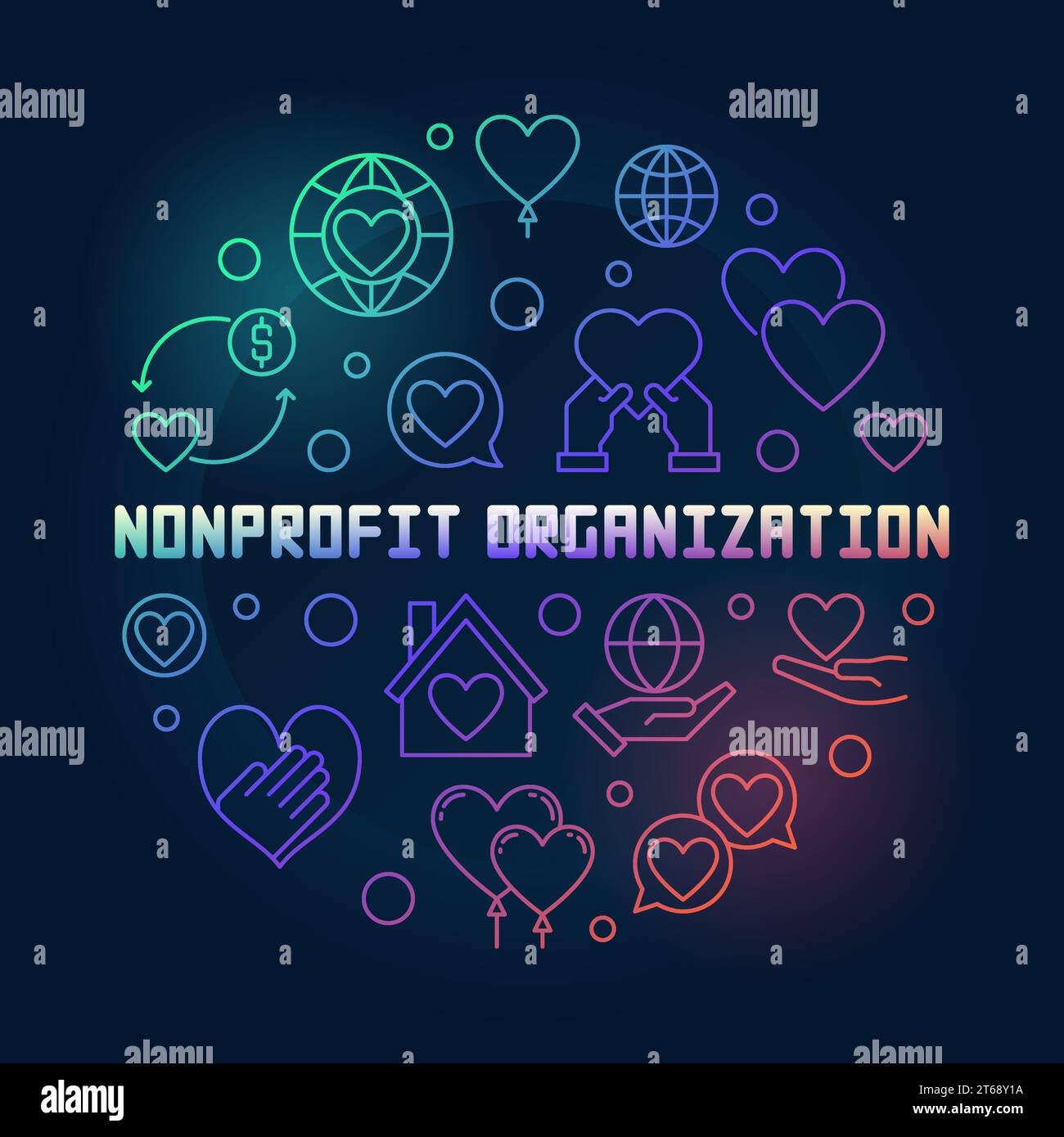 Nonprofit organization round vector colored illustration in outline ...