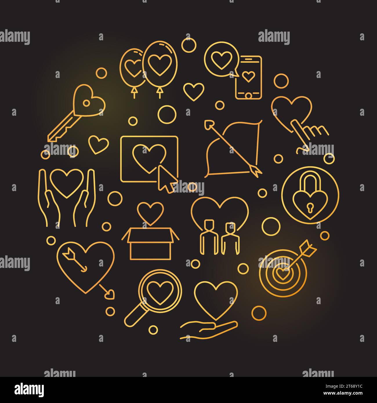 Obsessive Love vector round golden linear illustration on dark ...