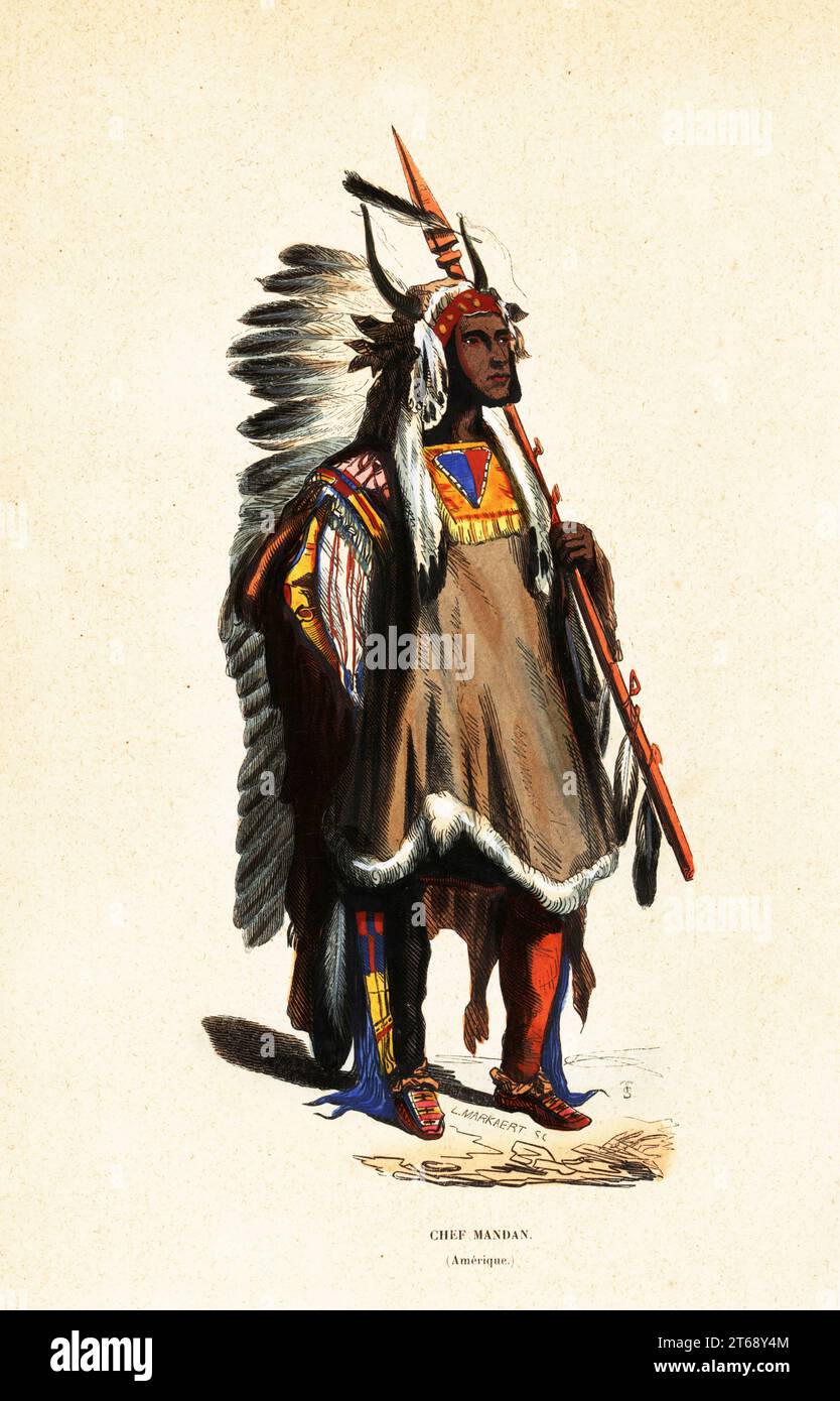 Mato-tope or Four Bears, Chief of the Mandan people. He rests a lance ...
